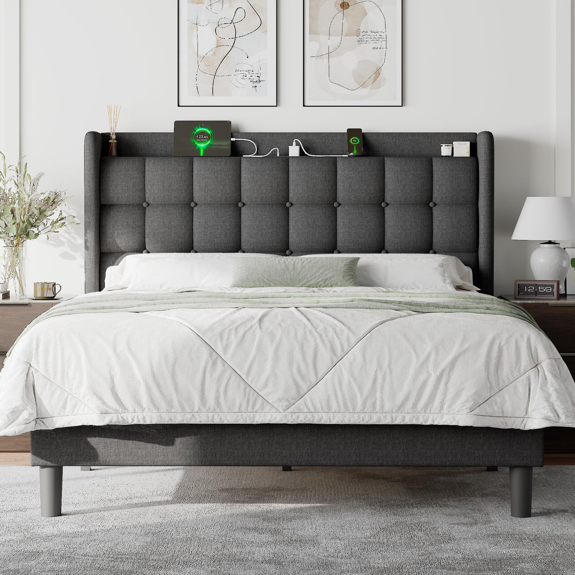 Feonase Queen Bed Frame with Charging Station, Upholstered Platform Bed Frame with Wingback Storage Headboard, No Box Spring Needed, Easy Assembly, Dark Grey