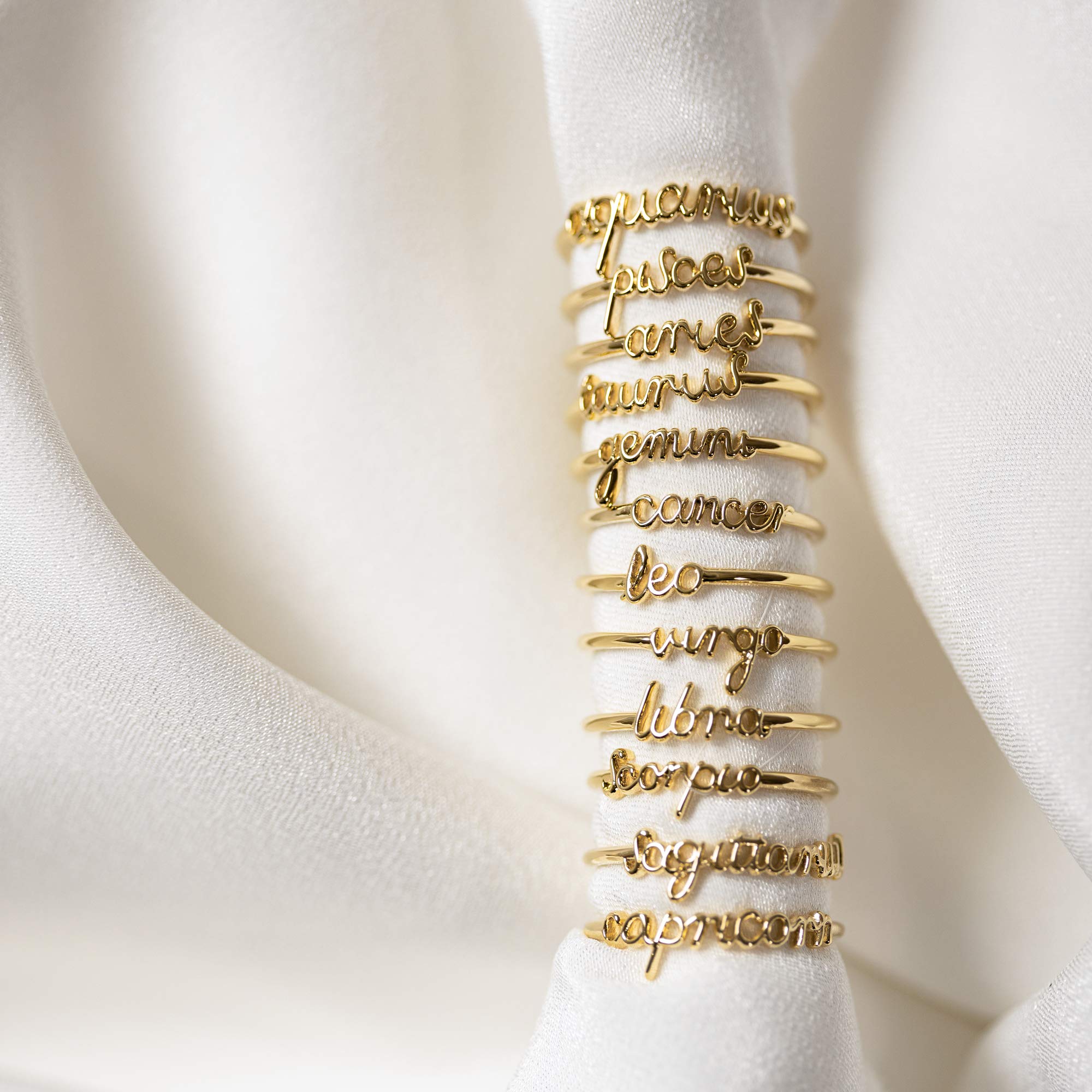 Columbus 14K Gold Plated Zodiac Script Ring - Dainty Everyday Letter Word Stacking Ring - Meaningful Jewelry for Women (Gemini, 7)