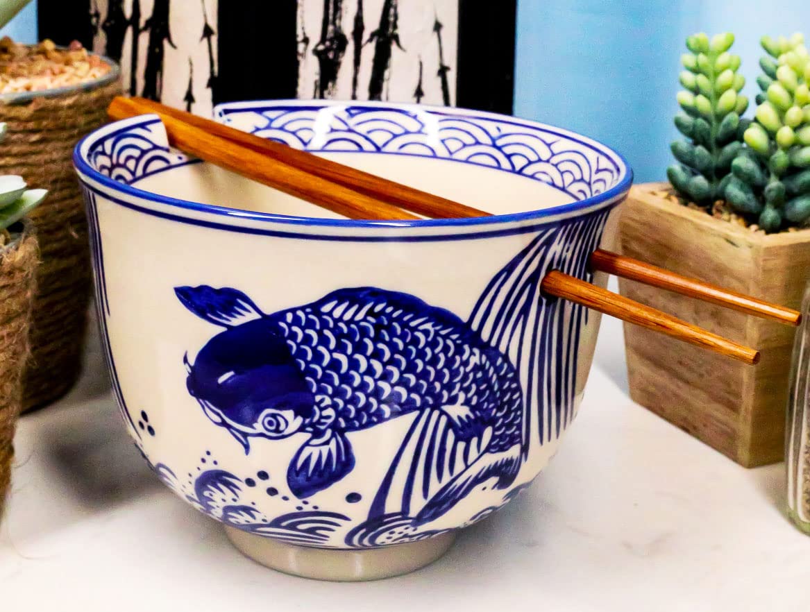 Ebros Ming Style Zen Blue White Koi Fishes By Waterfall Ramen Udong Noodles 5" Diameter Bowl With Built In Chopsticks Rest and Bamboo Chopstick Set for Dining Soup Rice Meal Cereal Bowls Decor Kitchen