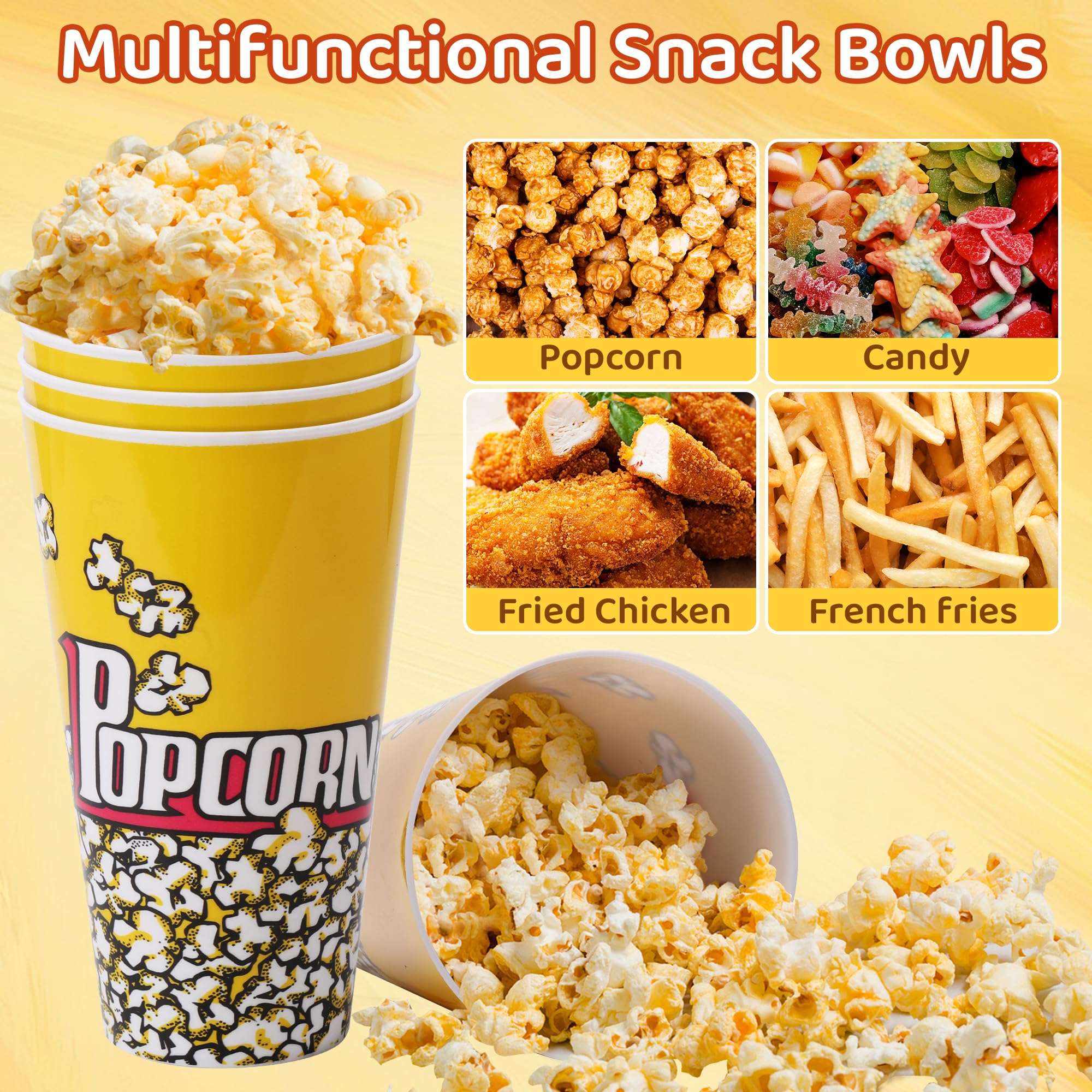 KORCCI Plastic Popcorn Containers 4Packs-Reusable Popcorn Bucket Retro Style for Movie Night, Classic Popcorn Bowl, 7.7"Tall x 4.4"Top Diameter,32oz
