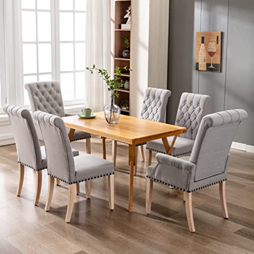 Restworld Fabric Arm Dining Chair,Tufted Upholstered High Back Nailed Trim with Untique Oak Wood Legs for Kitchen Restaurant Room Bedroom,Smoke Grey