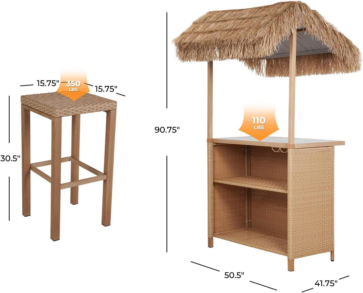 Grand patio Outdoor Tiki Bar Set with Widen Ceramic Top (42" W), Phuket 5-Piece Wicker Islander Tiki Bar and 4 Stools Storage for Garden, Natural