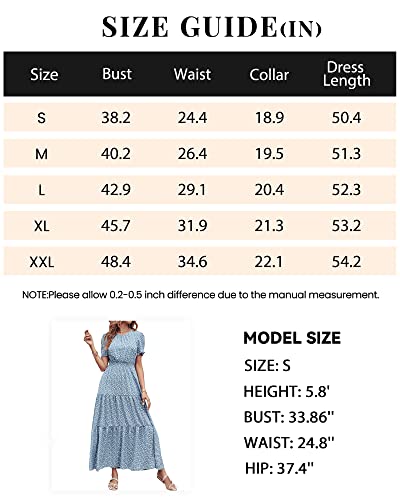 PRETTYGARDEN Women's Summer Casual Short Flutter Sleeve Round Neck Smocked Waist Tiered Boho Floral Flowy Maxi Dress(Small, Leaves Sky Blue)