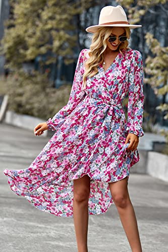 PRETTYGARDEN Women's Floral Print Boho Dress Long Sleeve Wrap V Neck Ruffle Belted A-Line Flowy Maxi Dresses (Floral Pink,Large)