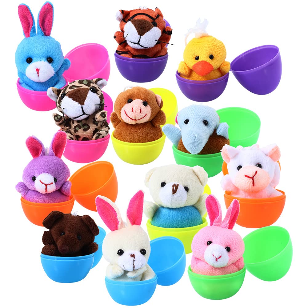 ThinkMax 12 pcs Easter Eggs Filled with Mini Plush Animals Toy for Easter Basket Stuffers/Fillers, Eggs Hunt, Party Favor