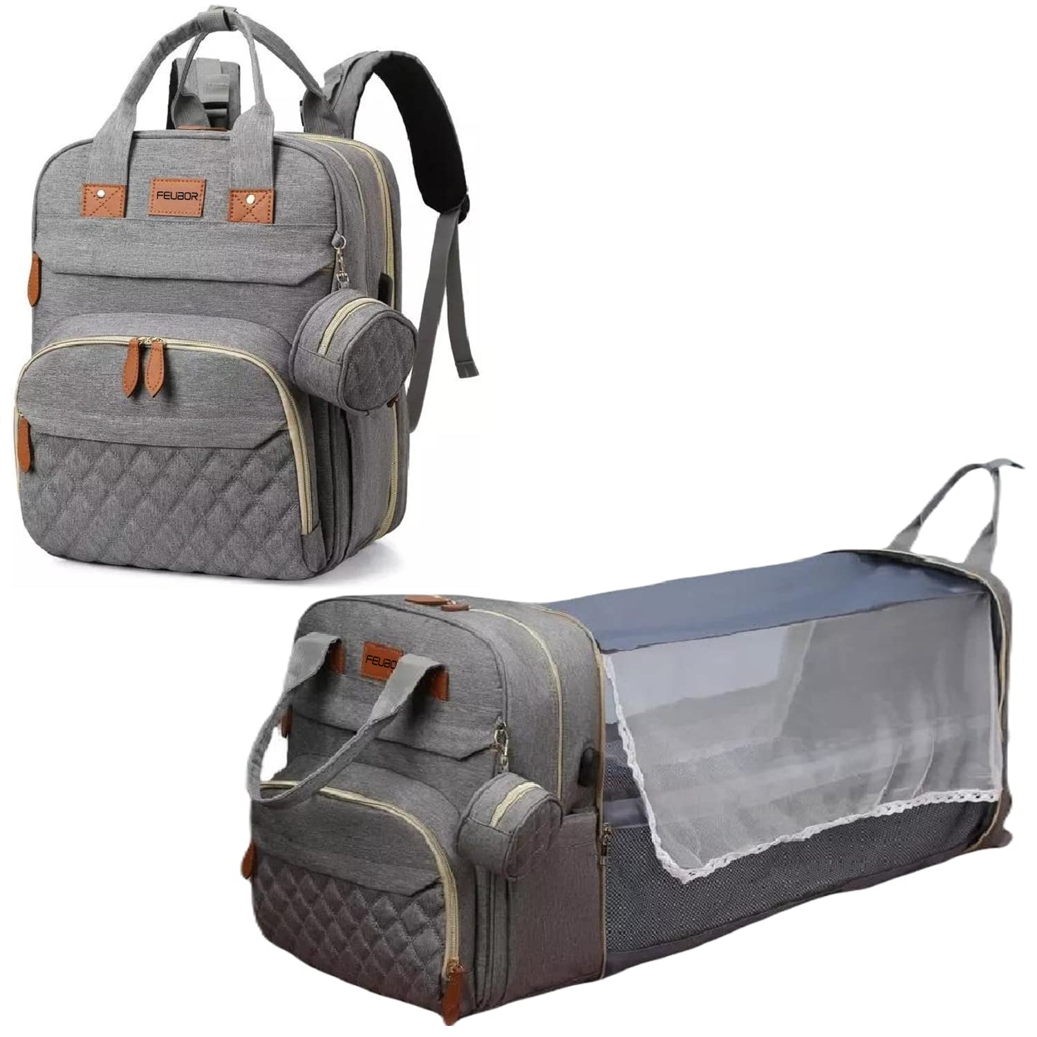 FEUBOR Unisex Diaper Bag Backpack with Crib, Multifunctional Backpack with Bed, Mom and Baby Bag, Large Waterproof Mom and Baby Backpack, Bag with Stroller Straps
