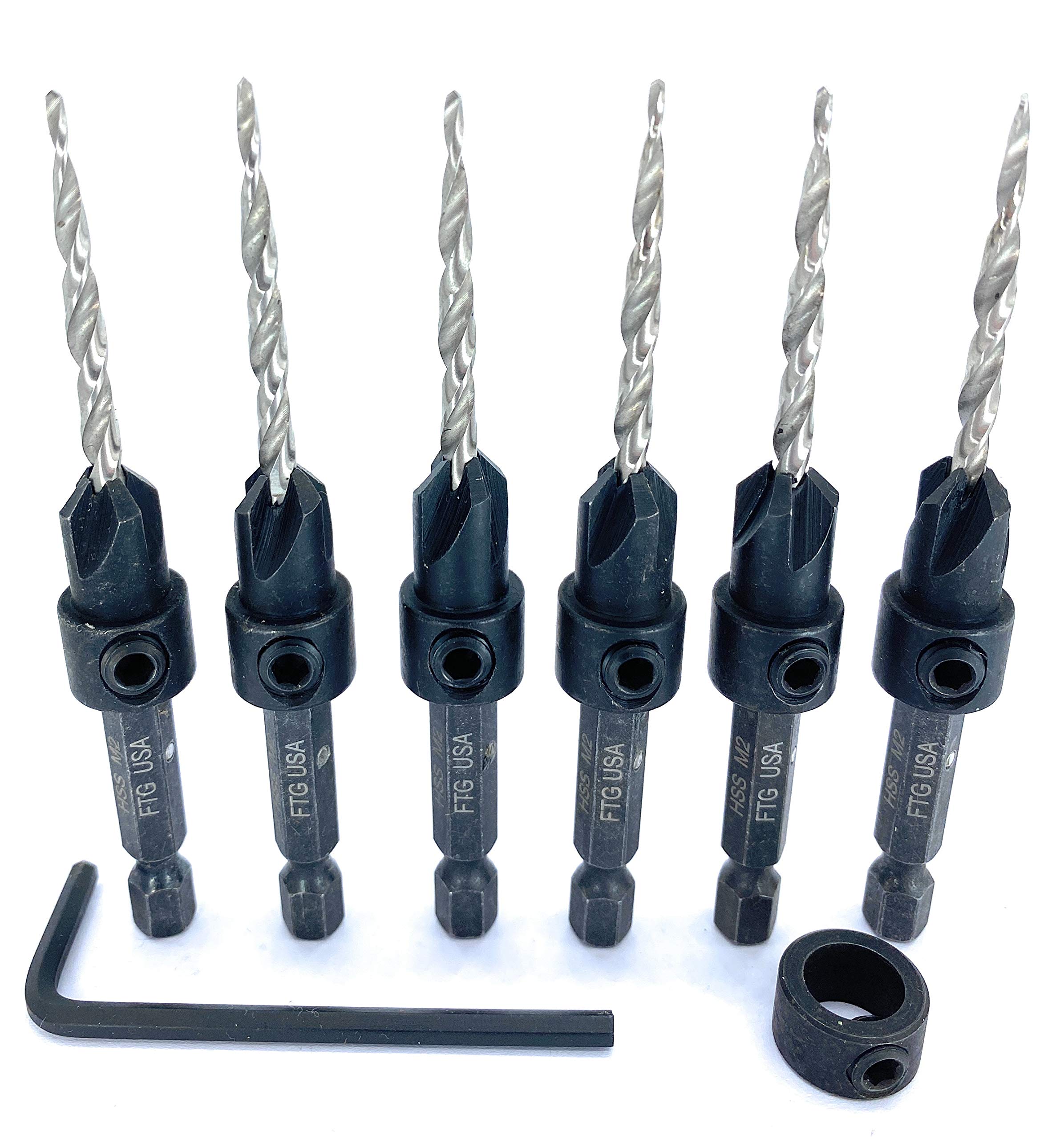 FTG USA Countersink Drill Bit Set 6 Pc #6 (9/64") Wood Countersink Drill Bit Pro Pack Countersink Set, with 3 Replacement Tapered Countersink Bit #6(9/64"), 1 Stop Collar, Hex Wrench