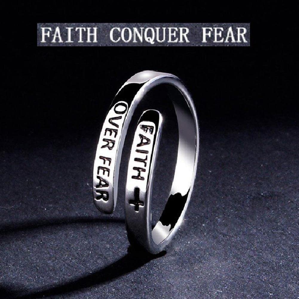 Faith Over Fear Ring,Sterling Silver Adjustable Wrap Open Ring,Women Teens Inspirational Jewelry Gifts