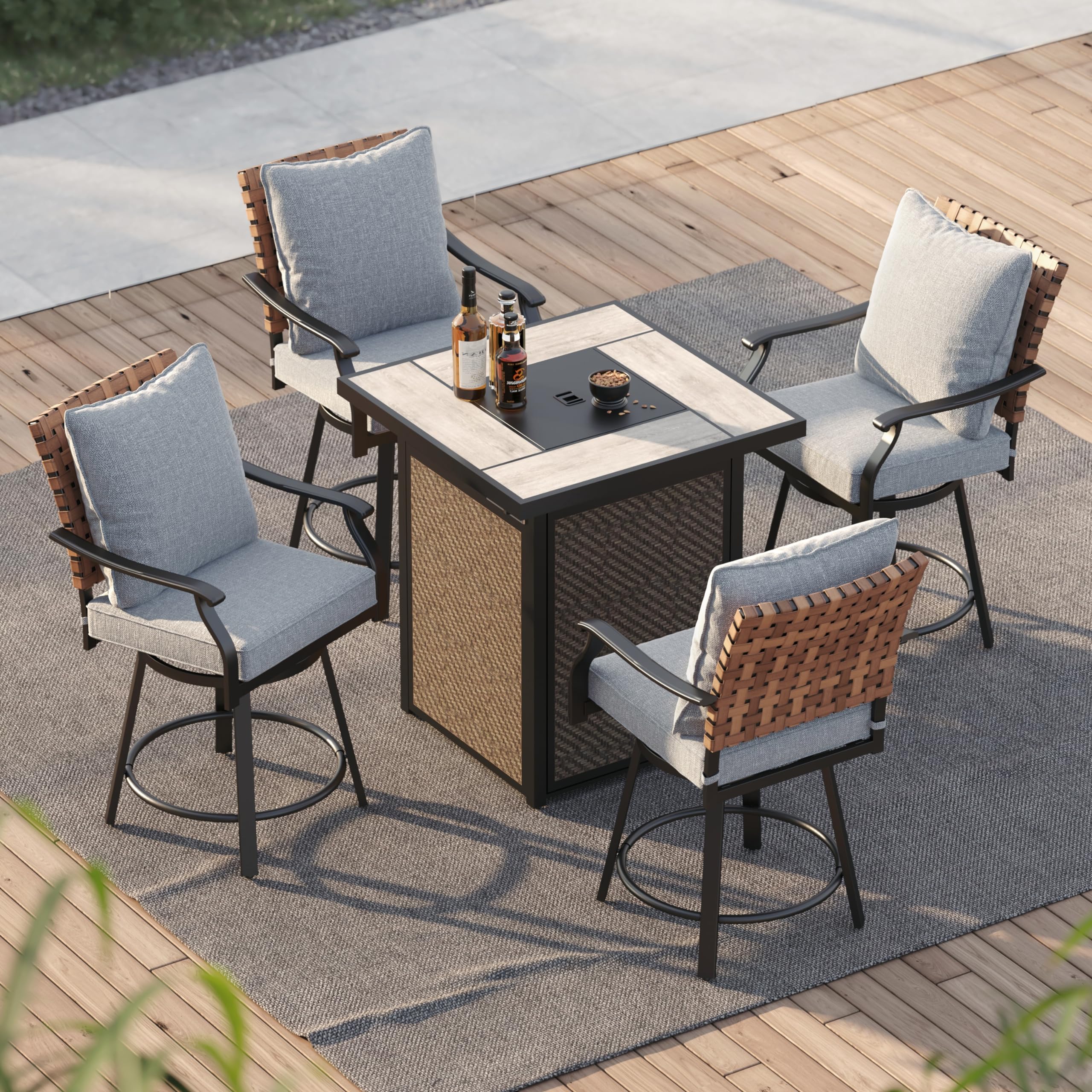 Grand patio 5-Piece Swivel Patio Bar Set with Fire Pit Table 40,000 BTU Heat Output, Leather-Look Wicker Outdoor Height Patio Bar Stools Set of 5, Patio Bar Height Chairs with High Back and Armrest