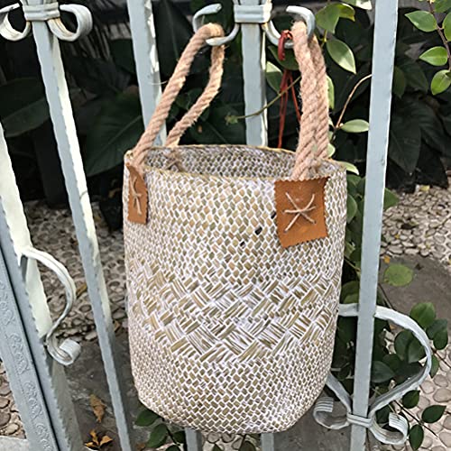 HANABASS Hanging Planters Hanging Flower Pot Multifunction Handmade Seagrass Braided Basket Flower Pot Desktop Storage Box Woven Laundry Basket(White Big) Hanging Indoor Planters Indoor Planter