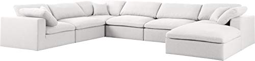 Meridian Furniture Serene Collection Modern | Contemporary Deluxe Comfort Modular Sectional, Soft Linen Textured Fabric, Down Cushions, 3 Corner + 3 Armless + 1 Ottoman, Cream
