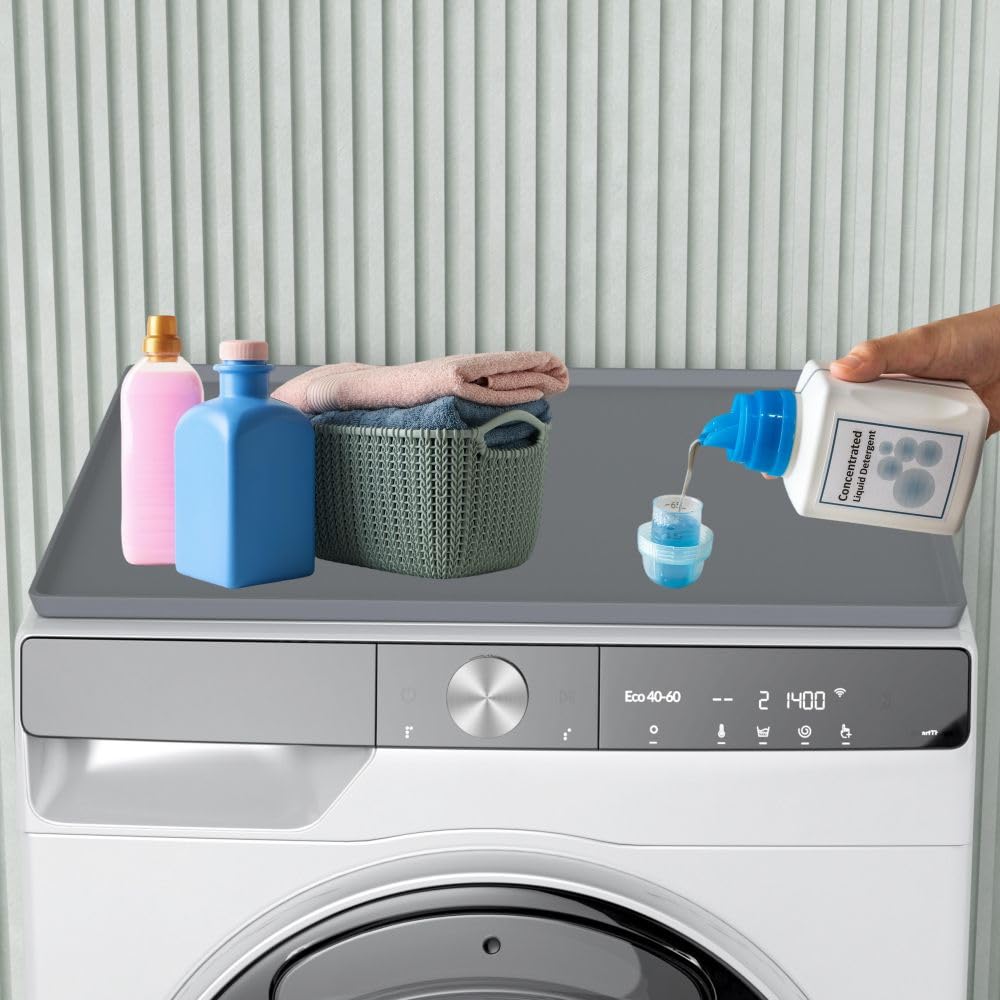 Iycnkok Washer and Dryer Top Cover Mat - 23.6''x 23.6'' Silicone Protector for Washing Machine Countertop - Non-Slip Rubber Waterproof Dustproof Ideal for Laundry Kitchen - Gray 2 Pack