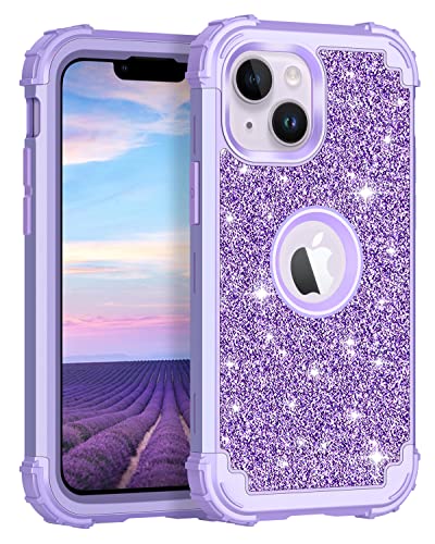 LONTECT for iPhone 14 Plus Case Glitter Sparkly Bling Shockproof Heavy Duty Hybrid Sturdy High Impact Protective Cover Case for Apple iPhone 14 Plus, Shiny Purple