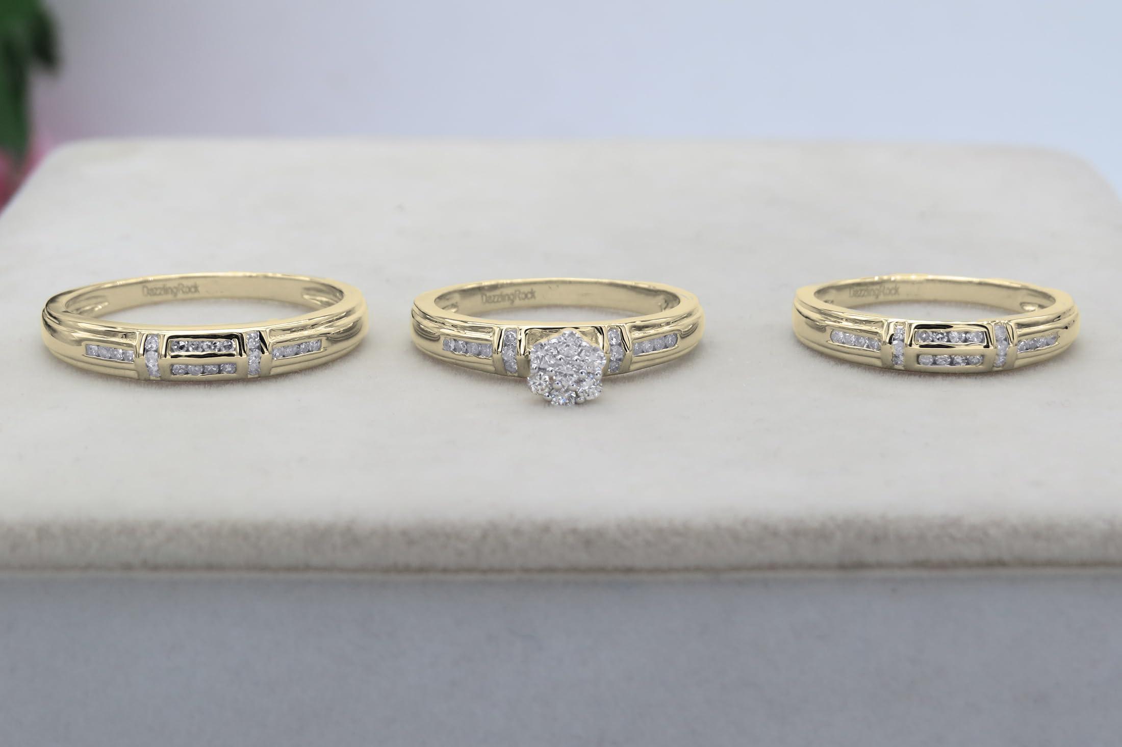 Dazzlingrock Collection 0.50 Carat (ctw) Round White Diamond Unisex Cluster Engagement Trio Ring Set in 14K Solid Yellow, W-7.5 & M-13