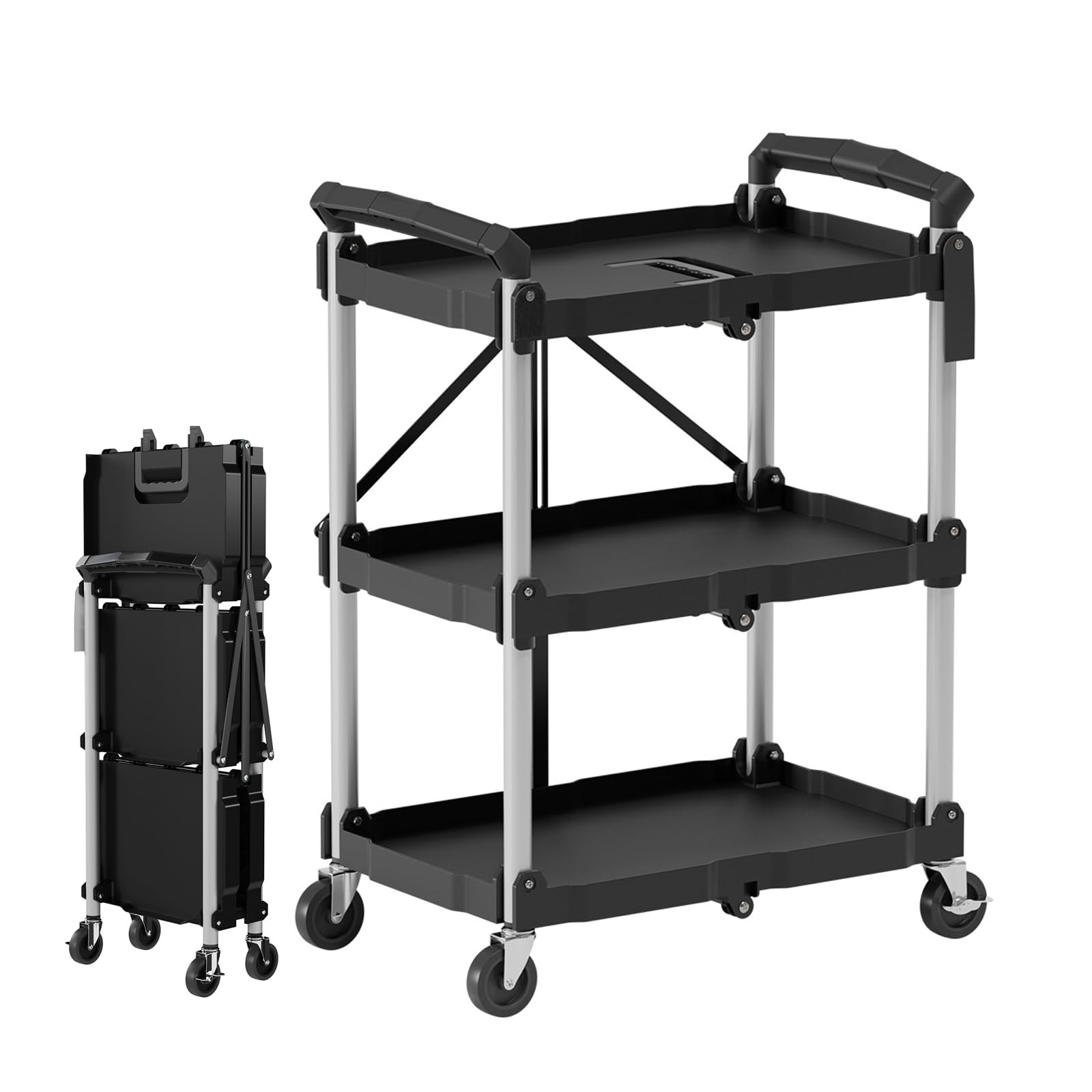 Granper 3-Tier Foldable Utility Cart with Wheels, 260 LBS Heavy Duty Plastic Rolling Cart, Collapsible Service Cart for Home, Office, Garage, and Warehouse - Black