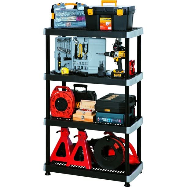 Fhdpeebu Heavy Duty 4-Tier Polypropylene Garage Storage Racks, 57" H x 35.80" W x 17.7" D, 150 lbs per Shelf, Made of Rust Resistant Material, Black