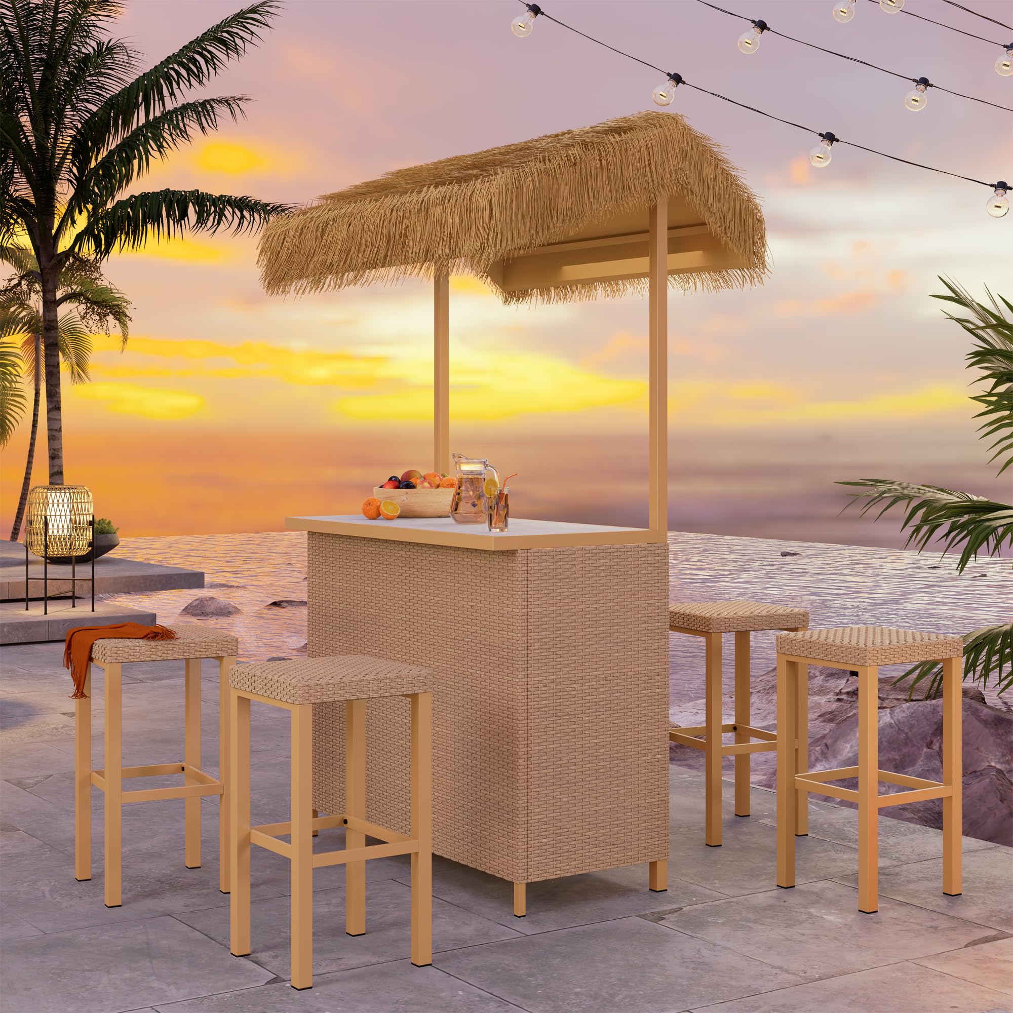 Grand patio Outdoor Tiki Bar Set with Widen Ceramic Top (42" W), Phuket 5-Piece Wicker Islander Tiki Bar and 4 Stools Storage for Garden, Natural