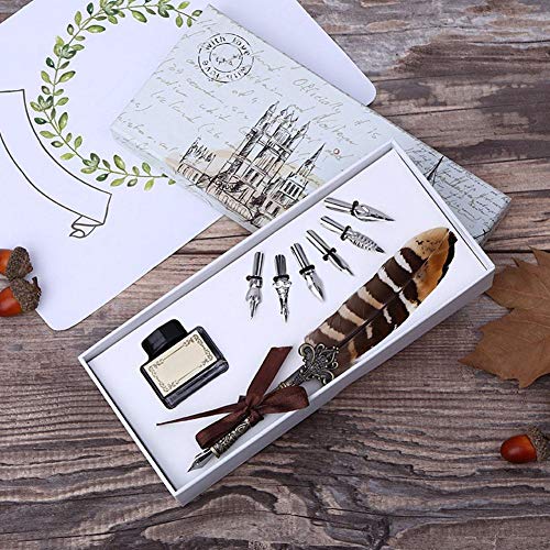 Wal front Quill Pen, European Retro Style Dip Pen Calligraphy Pen Set with 5pcs Stainless Steel Nibs Office Writing Instrument