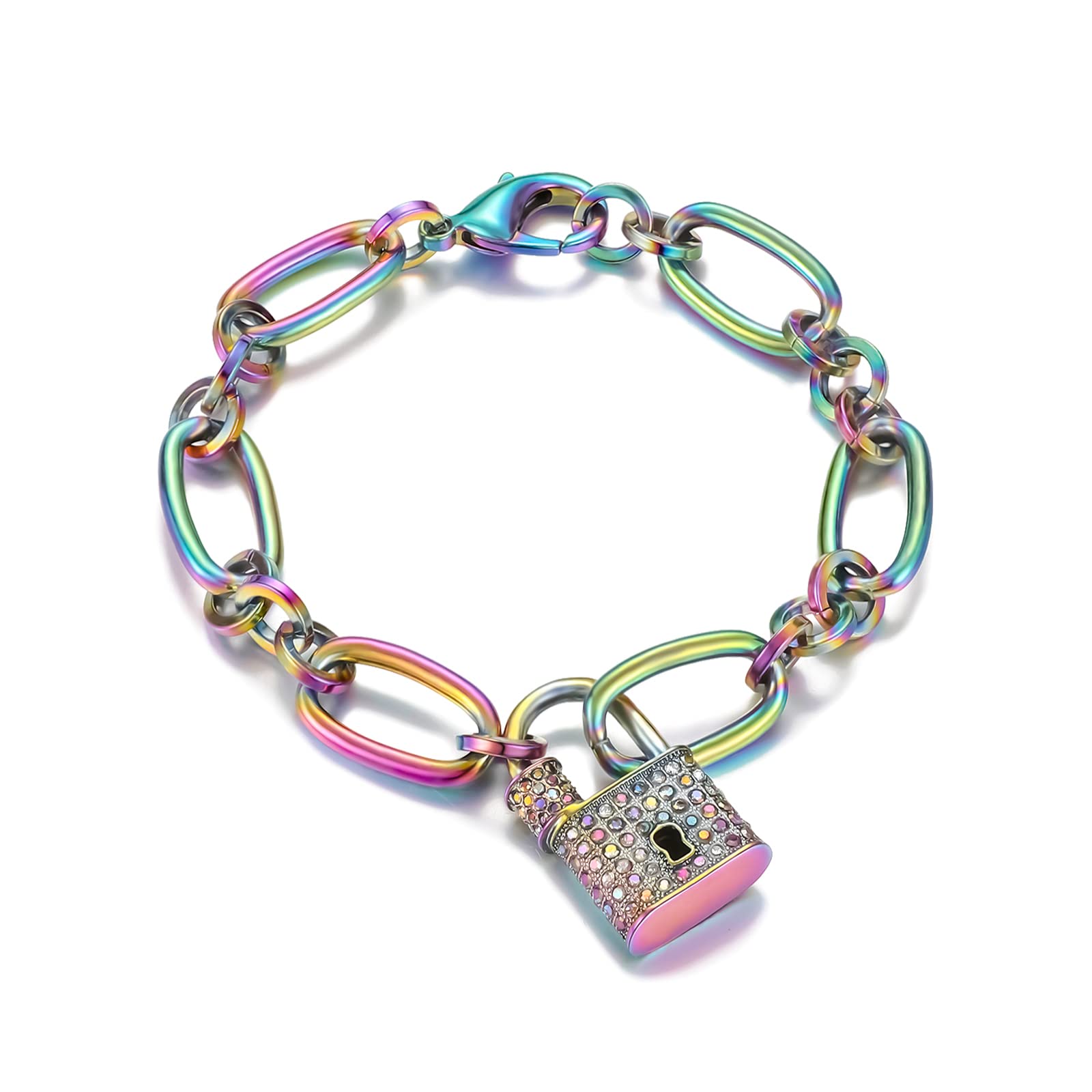 Donabus Statement Bracelet,Anodized Plated-Rainbow Bracelets,Oil Slick Chain Link Bracelet Charms for Unisex(Pad Lock)