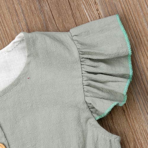 Toddler Kids Baby Girl Flutter Sleeve Short Romper Jumpsuit Botton Down Shirt Tops with Bowknot (Light Green 6-12 Months)