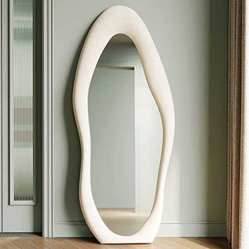 Honyee Full Length Mirror, 63" x 24" Wall Mirror, Flannel Wrapped Wooden Frame Full Body Mirror, Irregular Wavy Mirror Hanging or Leaning Against Wall for Cloakroom/Bedroom/Living Room, White