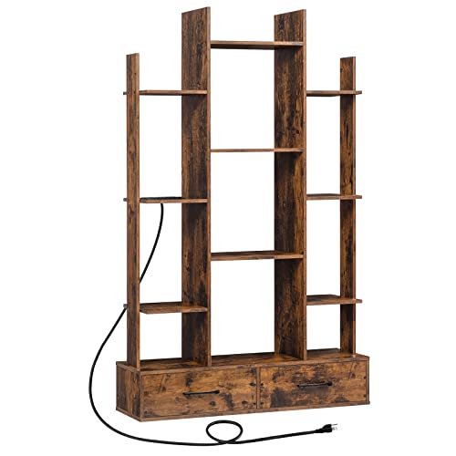 HOOBRO Bookshelf, Bookcase with Charging Station and 2 Drawers Storage, Rustic Tree Shaped Wooden Bookshelves with 12 Storage Shelves, for Bedroom, Home Office, Living Room BF140USJ01