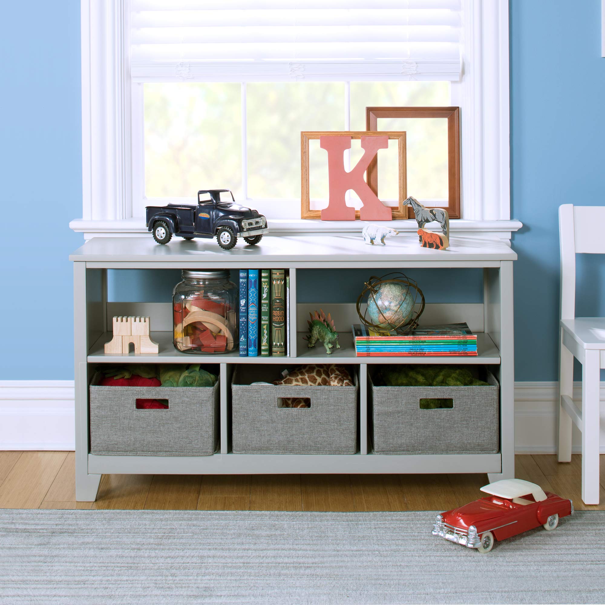 Martha Stewart Kids' Low Bookcase (Gray) - 24 Inch Wooden Storage Organizer Cubby with Fabric Bins for Playroom and Bedroom