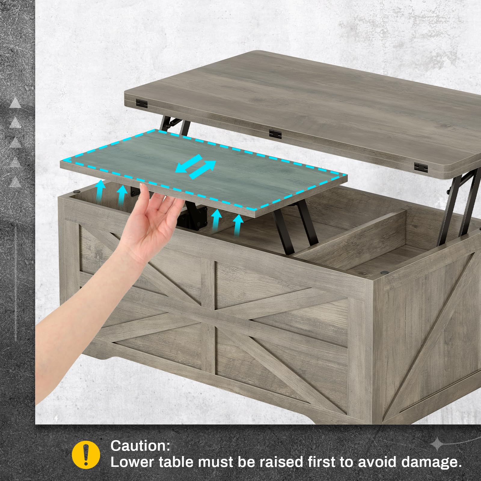 Itaar Farmhouse Coffee Table, Lift Top Coffee Table with Large Hidden Compartment, Rustic Center Table with Barn Door, for Living Room, Office, Grey