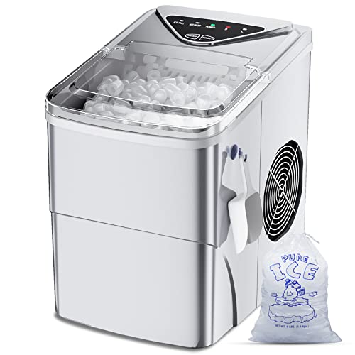 Ice Cube Makers Countertop, Self-Cleaning Function, Portable Electric Machine, 9 Pebble Ice Ready in 6 Mins, 26lbs 24Hrs with Ice Bags and Ice Scoop Basket for Home Bar Camping RV(Silver)