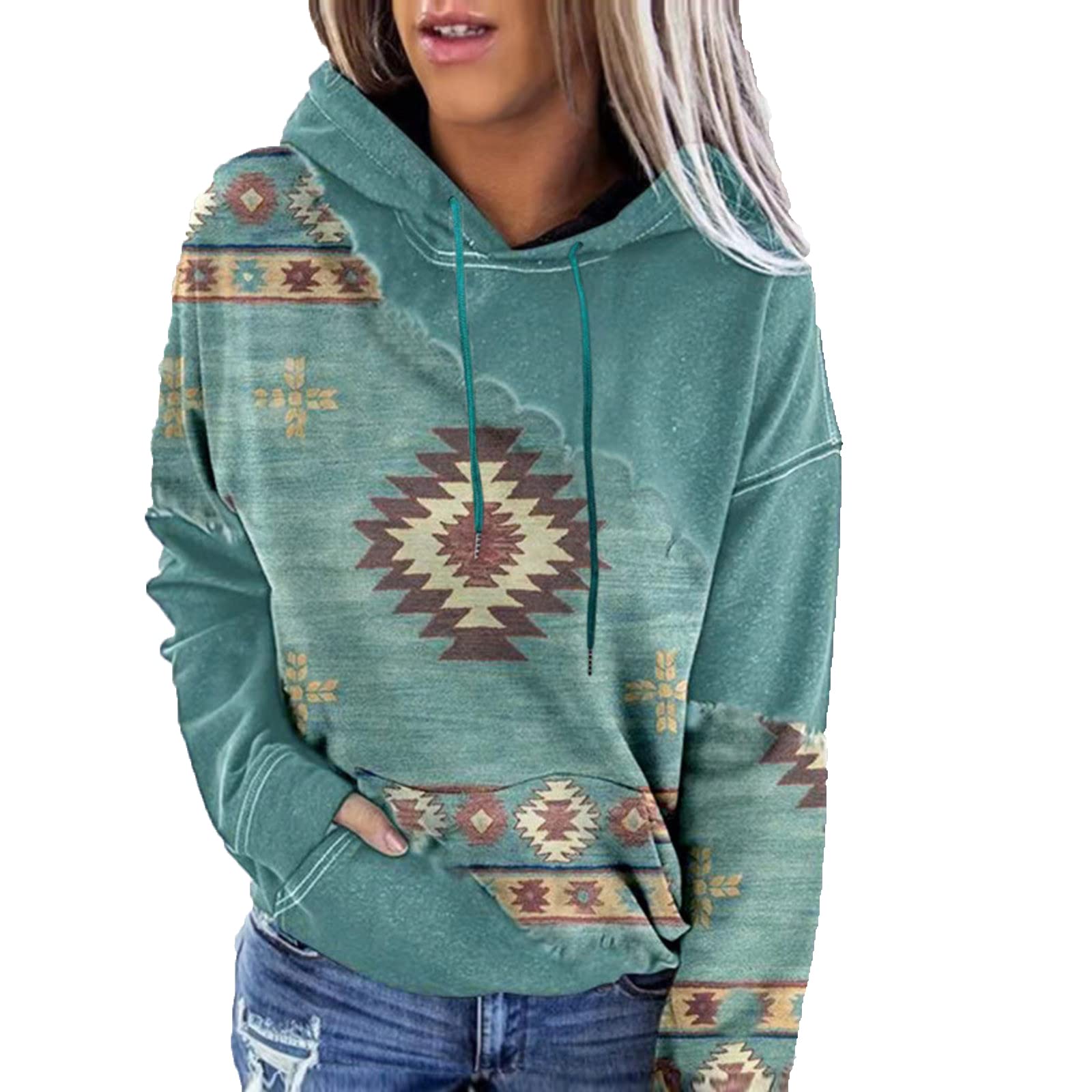 fartey Aztec Hoodie for Women Western Ethnic Style Printed Casual Drawstring Sweatshirts Geometric Loose Fit Pullover Tops, 02 Green