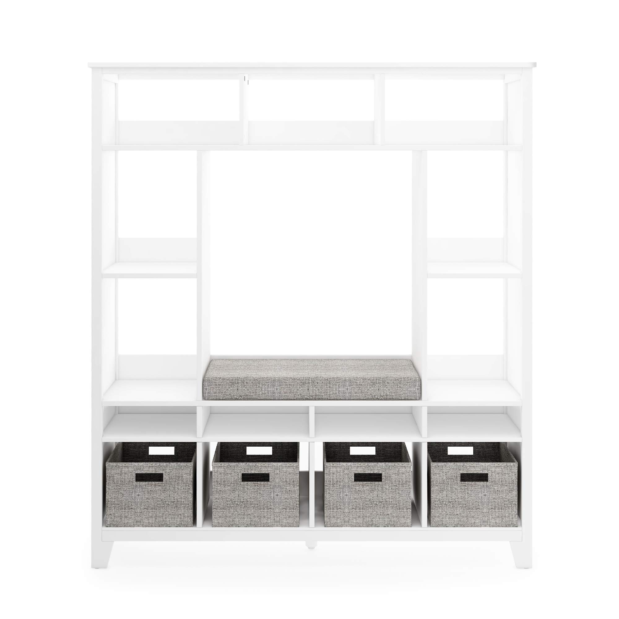 Martha Stewart Kids' Storage System - Creamy White: Wood Bookshelf Cubby with Seat Cushion, Shelves and Storage Bins; Reading Nook Bookcase and Kids Room Storage Bench