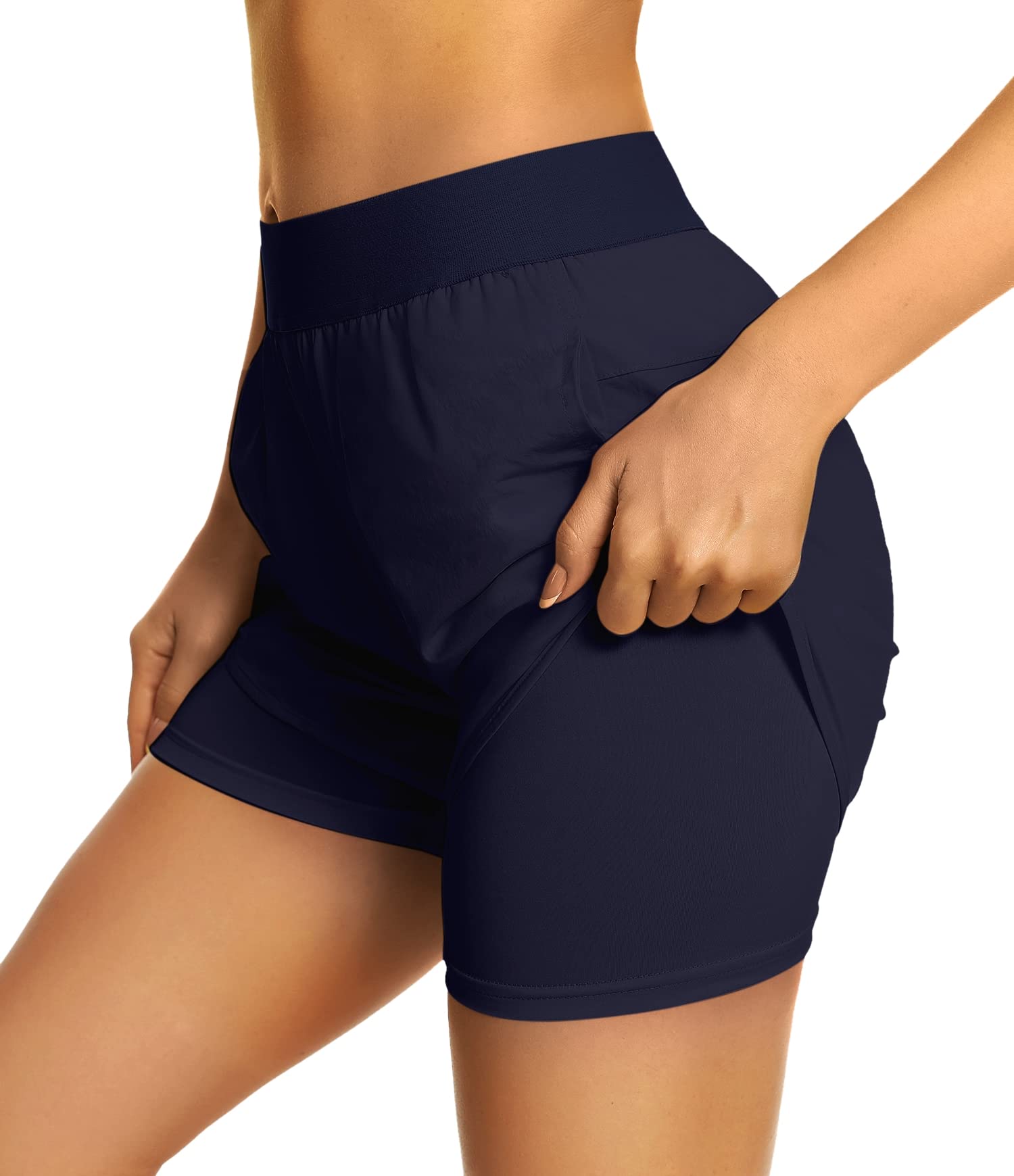 Custer's Night Women's 2 in 1 Workout Shorts with Pockets High Waisted Gym Yoga Running Shorts with Liner Navy Blue XL