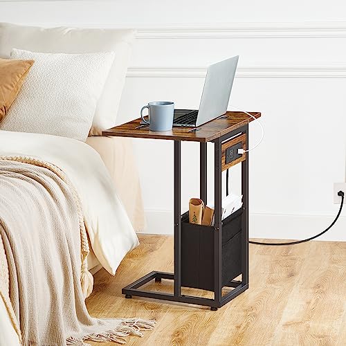 HOOBRO C Shaped Side Table with Charging Station, Foldable End Table with Fabric Bag, Sofa Couch Table Coffee Table Snack Table for Small Space Living Room, Bedroom, Rustic Brown and Black BF30USF01