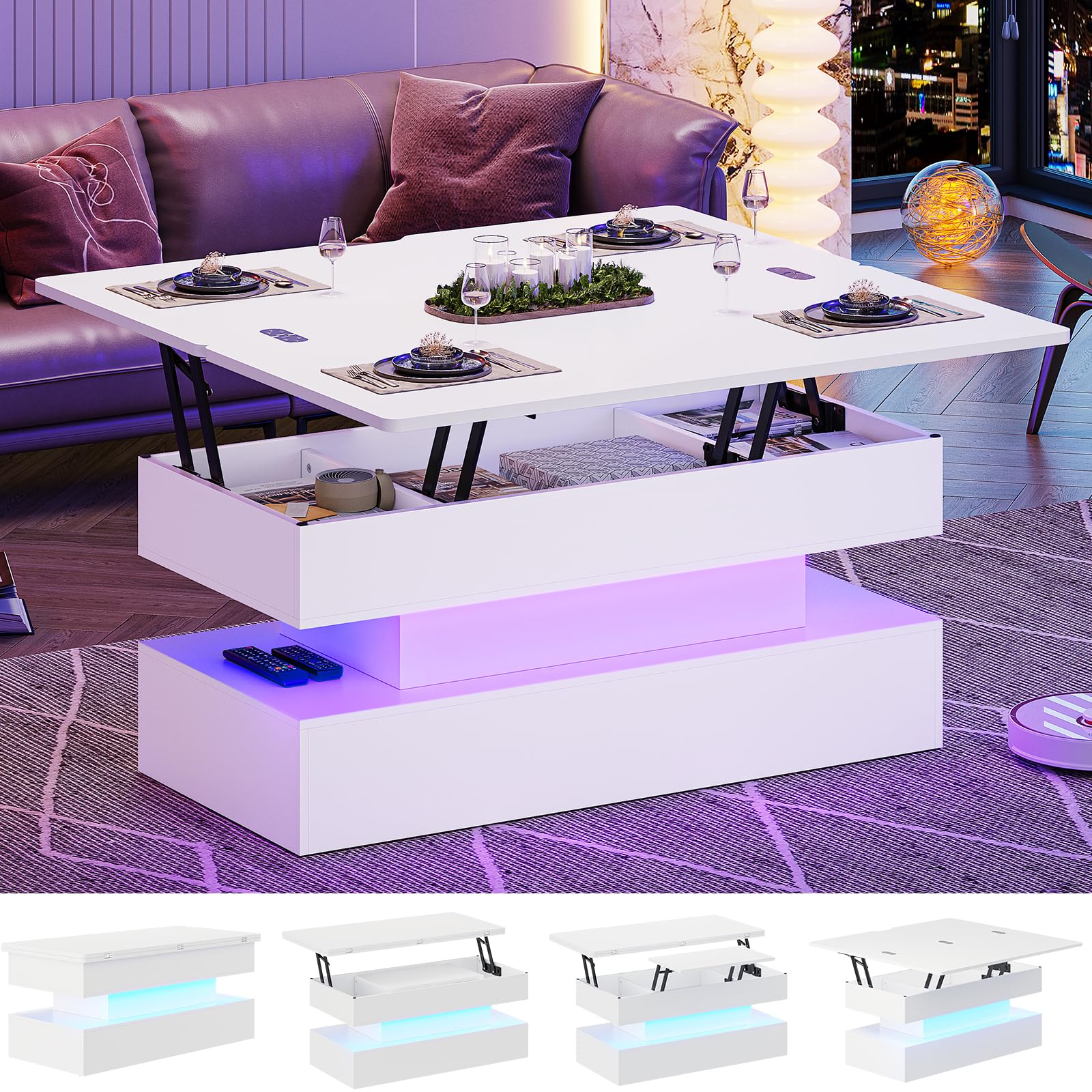 Itaar Lift Top Coffee Table, 4 in 1 Multi-Function Convertible Coffee Table with Storage & LED Light, Small Modern Coffee Tables with Hidden Compartment for Living Room, Dining Reception Room, White