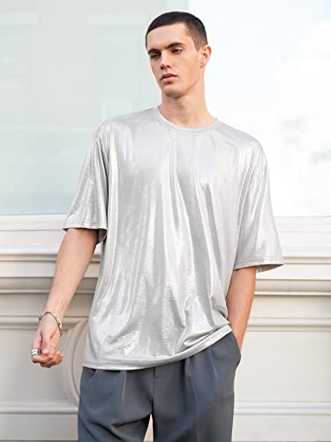 WDIRARA Men's Metallic Crewneck Short Sleeve Party Club Oversized Tee Shirt Top Silver M