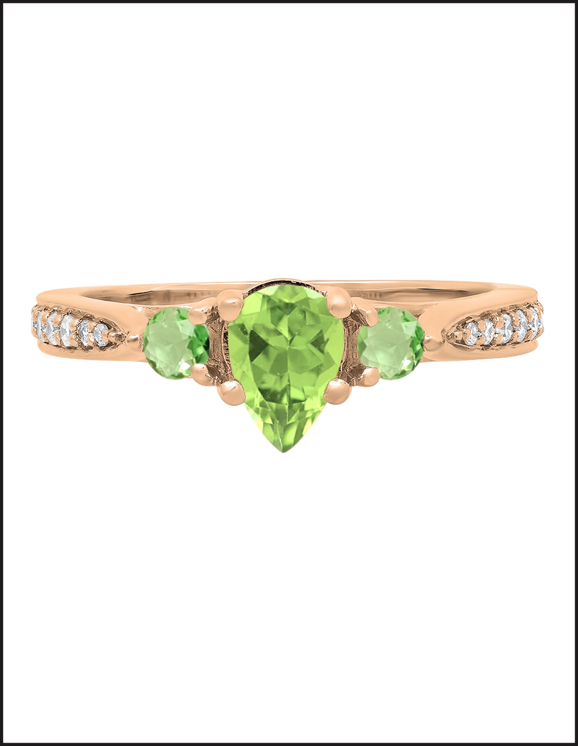 Dazzlingrock Collection 7x5mm Pear & Round Peridot with White Diamond 3 Stone Engagement Ring for Women in 10K Rose Gold, Size 7.5