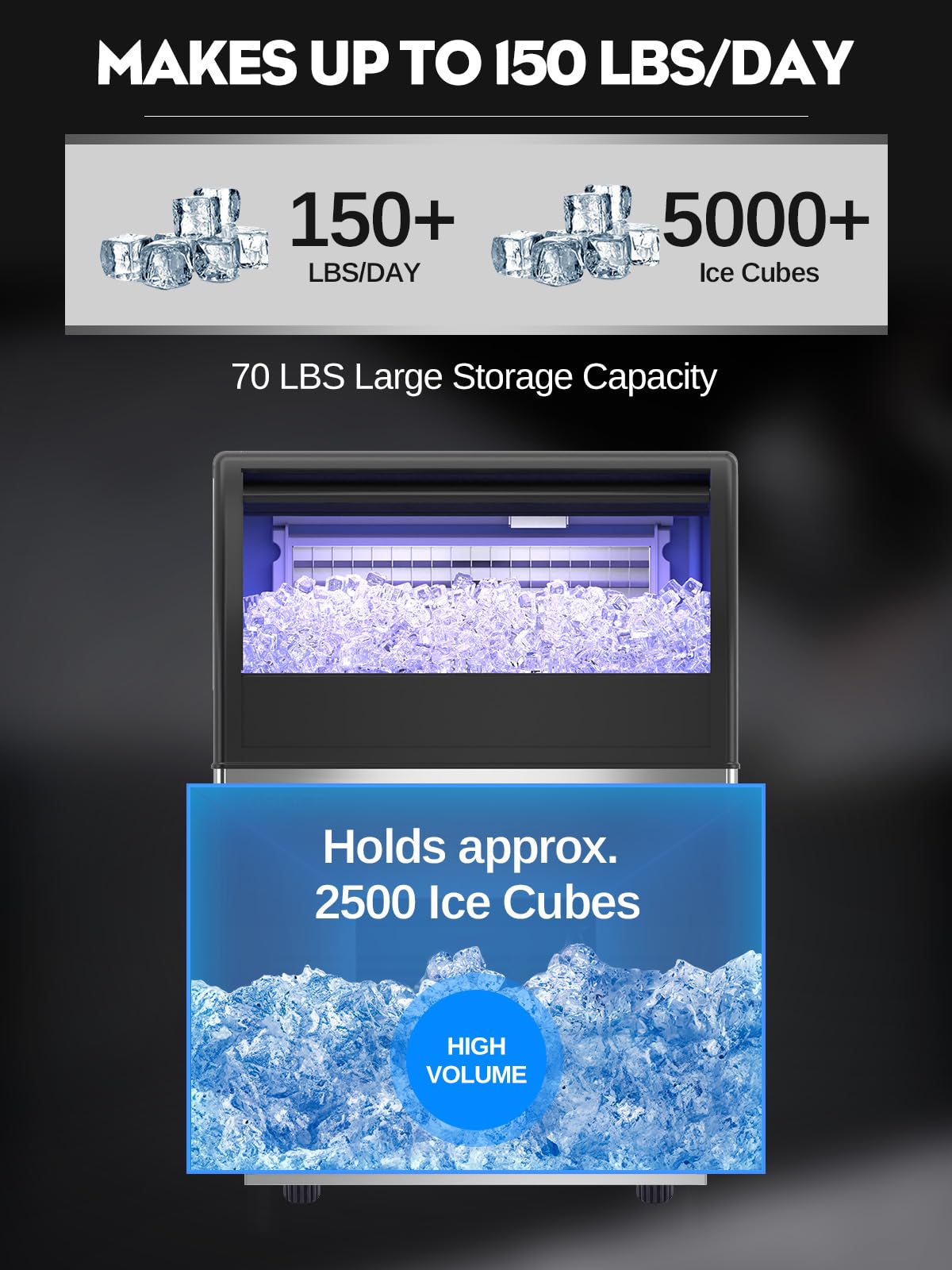 GSEICE Upgraded Commercial Ice Maker Machine,100lbs Stainless Steel Under Counter ice Machine with 30lbs Ice Storage Capacity,Freestanding Ice Maker,Ideal for Restaurant,Bar,Restaurant,Home and RV