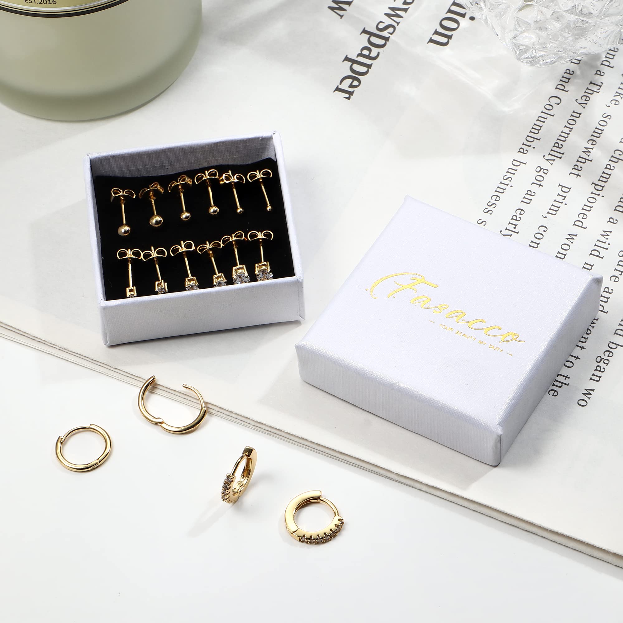 FASACCO 14K Gold Stud Earrings Set Sterling Silver Hypoallergenic Gold Earrings for Multiple Piercing Earrings Studs Set