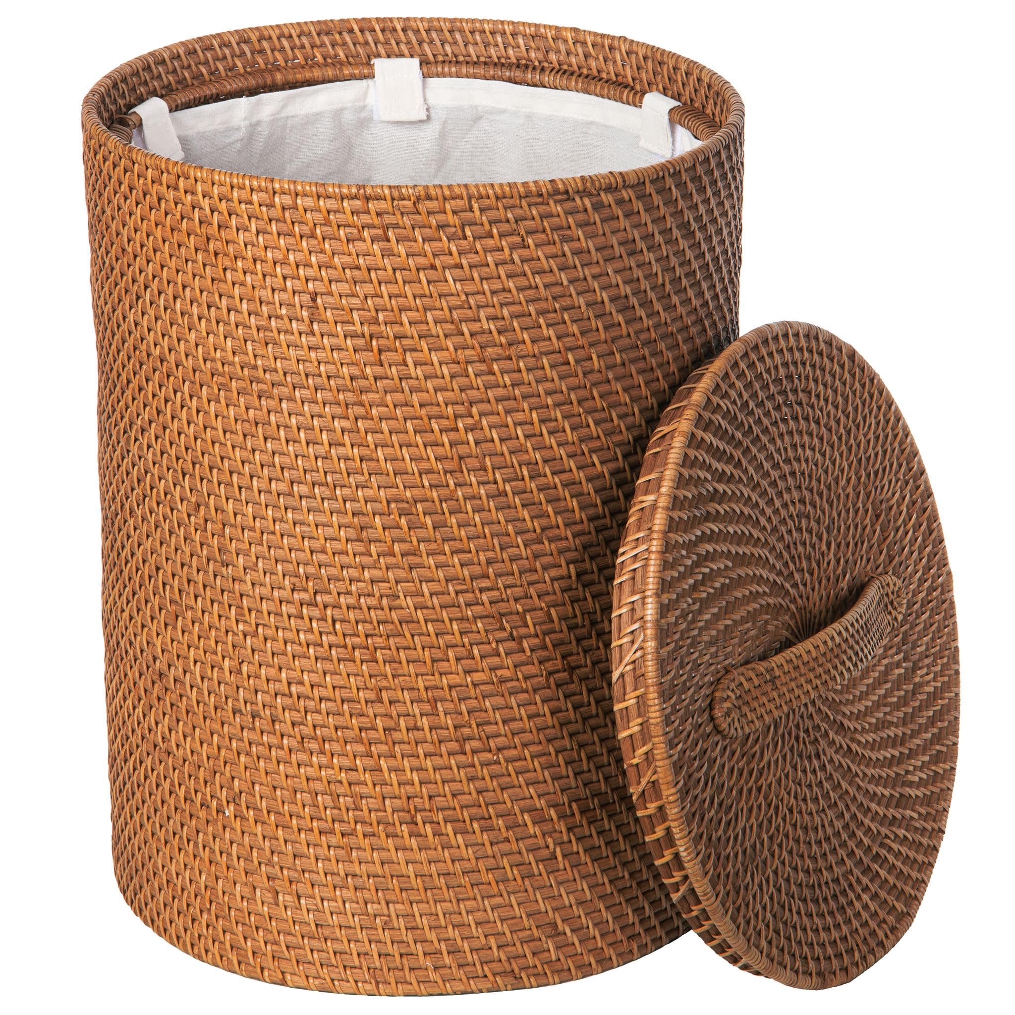 KOUBOO Round Rattan Laundry Hamper with Removable Liner and Lid - Coastal, Natural Decor Style - Small Size for Apartment Living - Honey-Brown -18 in. height