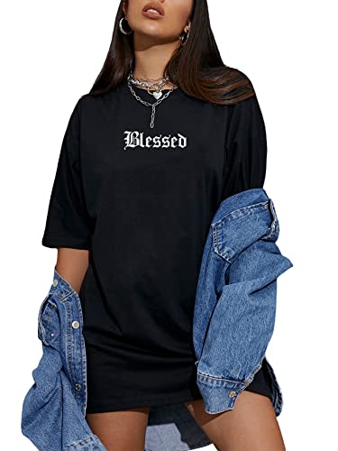 WDIRARA Women's Graphic Short Sleeve Drop Shoulder Oversized Tee Round Neck T Shirts Letter Print Black M