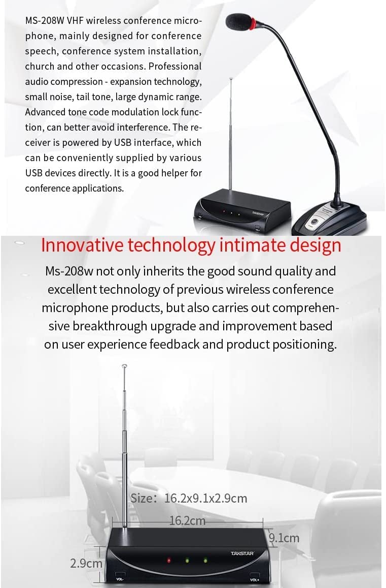 Takstar MS-208W VHF Wireless/Wired Professional Conference Microphone System, Gooseneck Table Desktop Cardioid Condenser Microphone for Meeting, Church, Live Presentation, Speech
