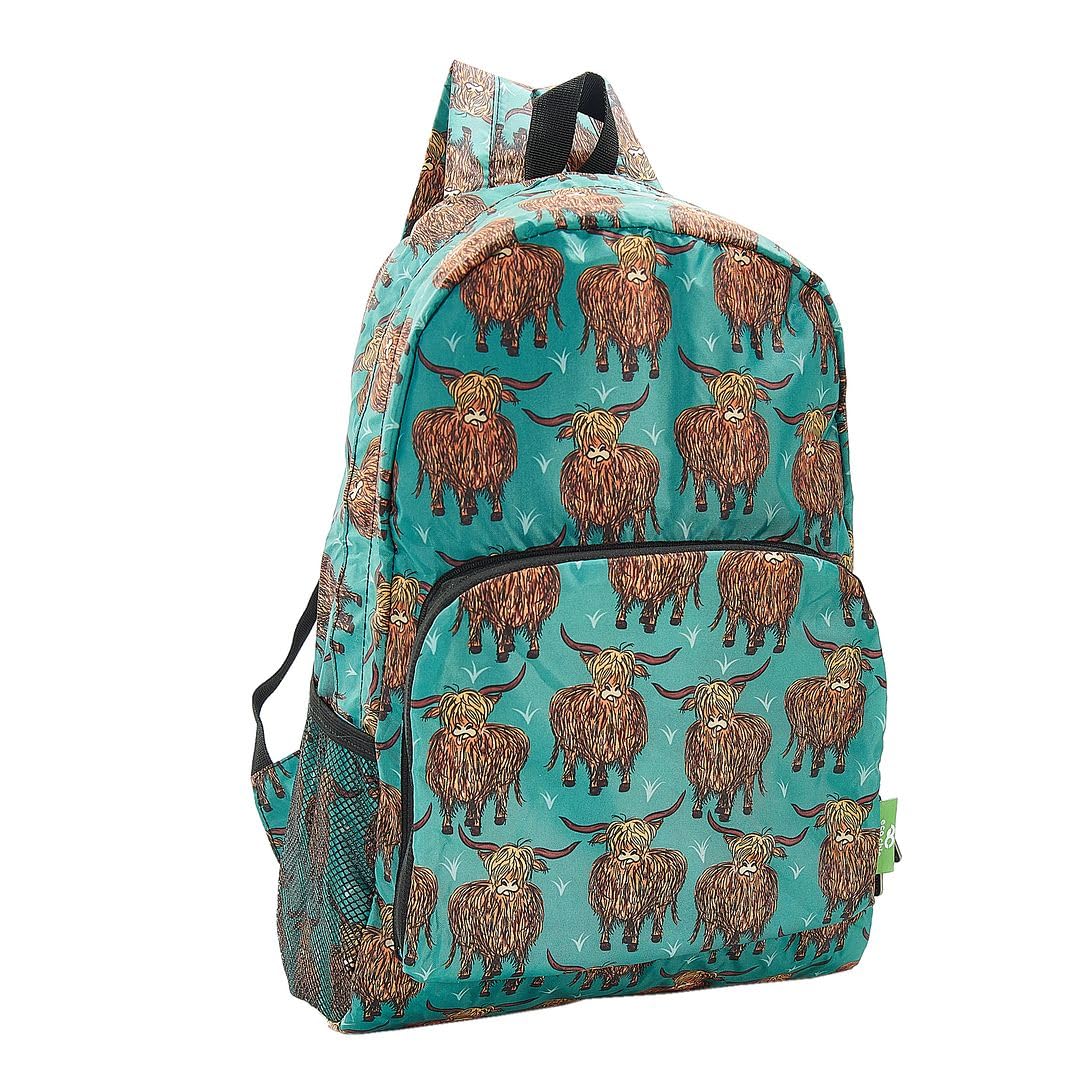 ECO CHIC Lightweight Packable Backpack Handy Foldable Travel Daypack (Highland Cow Teal)
