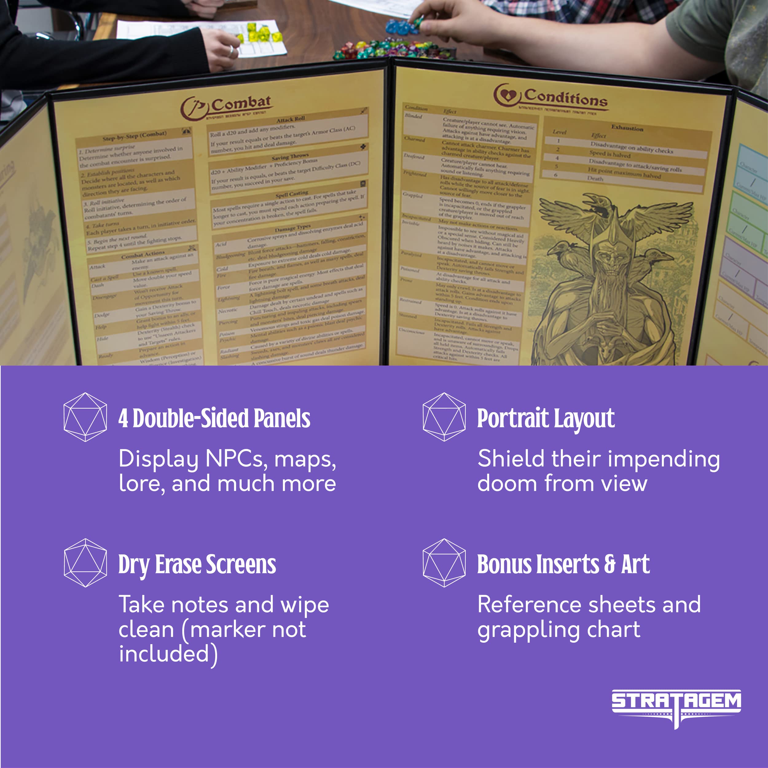Stratagem The Master's Tome 4-Panel Customizable GM Screen with Free Inserts – Dry Erase, Dungeon & Game Master Accessory for Tabletop RPG Campaigns (Black)