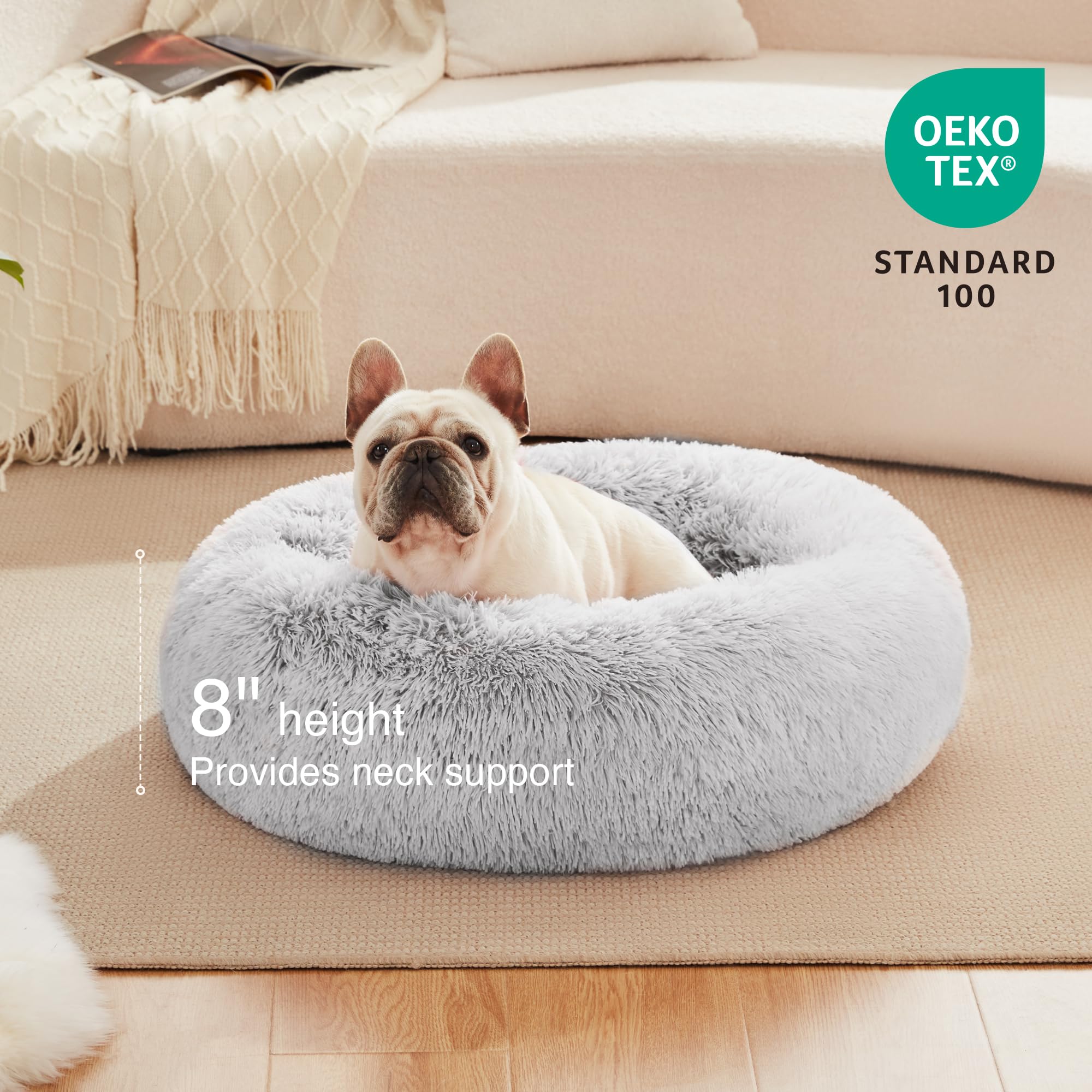 Love's cabin 24in Cat Beds for Indoor Cats - Cat Bed with Machine Washable, Waterproof Bottom - Grey Fluffy Dog and Cat Calming Cushion Bed for Joint-Relief and Sleep Improvement