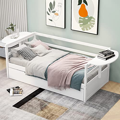 Harper & Bright Designs Daybed with Trundle and Side Foldable Table, Wood Twin Size Sofa Bed Frame with Wood Slat Support, Twin Bed Frame for Bedroom, Living Room (White)