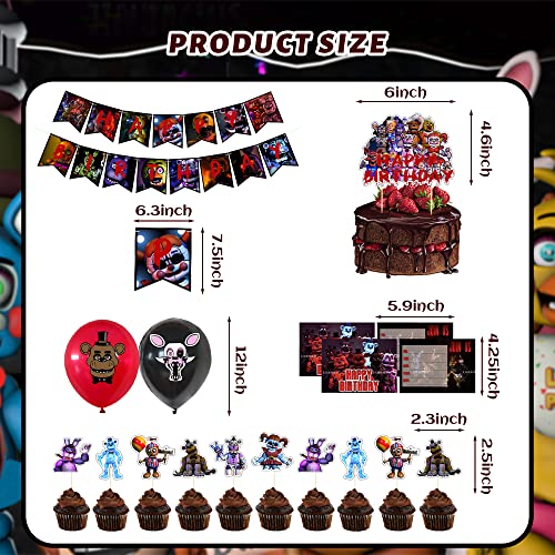 Kikuke fnaf Birthday Party Supplies, 117 Pcs Halloween Party Decorations Includes Backdrop, Cake Topper, Invitation Cards, Happy Birthday Banner, Balloons, Stickers