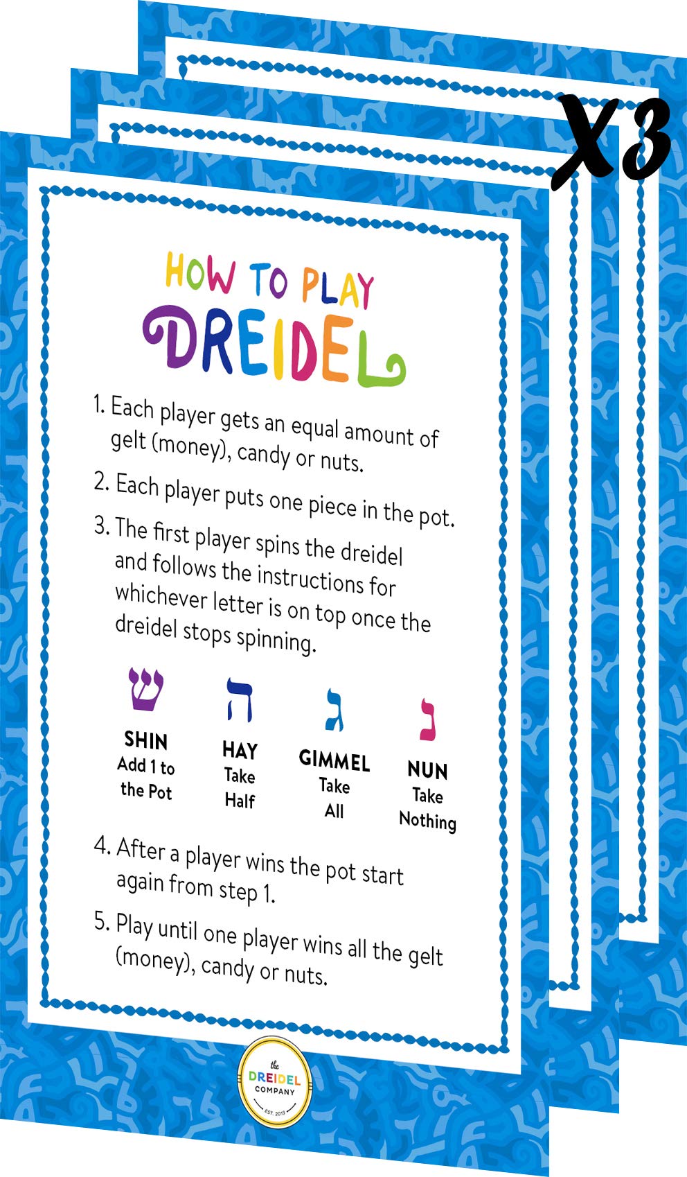 The Dreidel Company Hanukkah Dreidels Multicolor Plastic Chanuka Dreidels with English Transliteration - Includes Dreidel Game Instruction Cards (30-Pack)