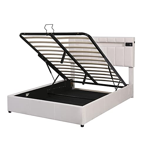 Harper & Bright Designs Upholstered Full Platform Bed with LED Headboard, Bluetooth Player and USB Charging, Velvet Fabric Full Size Bed with Lift Up Storage, No Box Spring Needed (Beige)