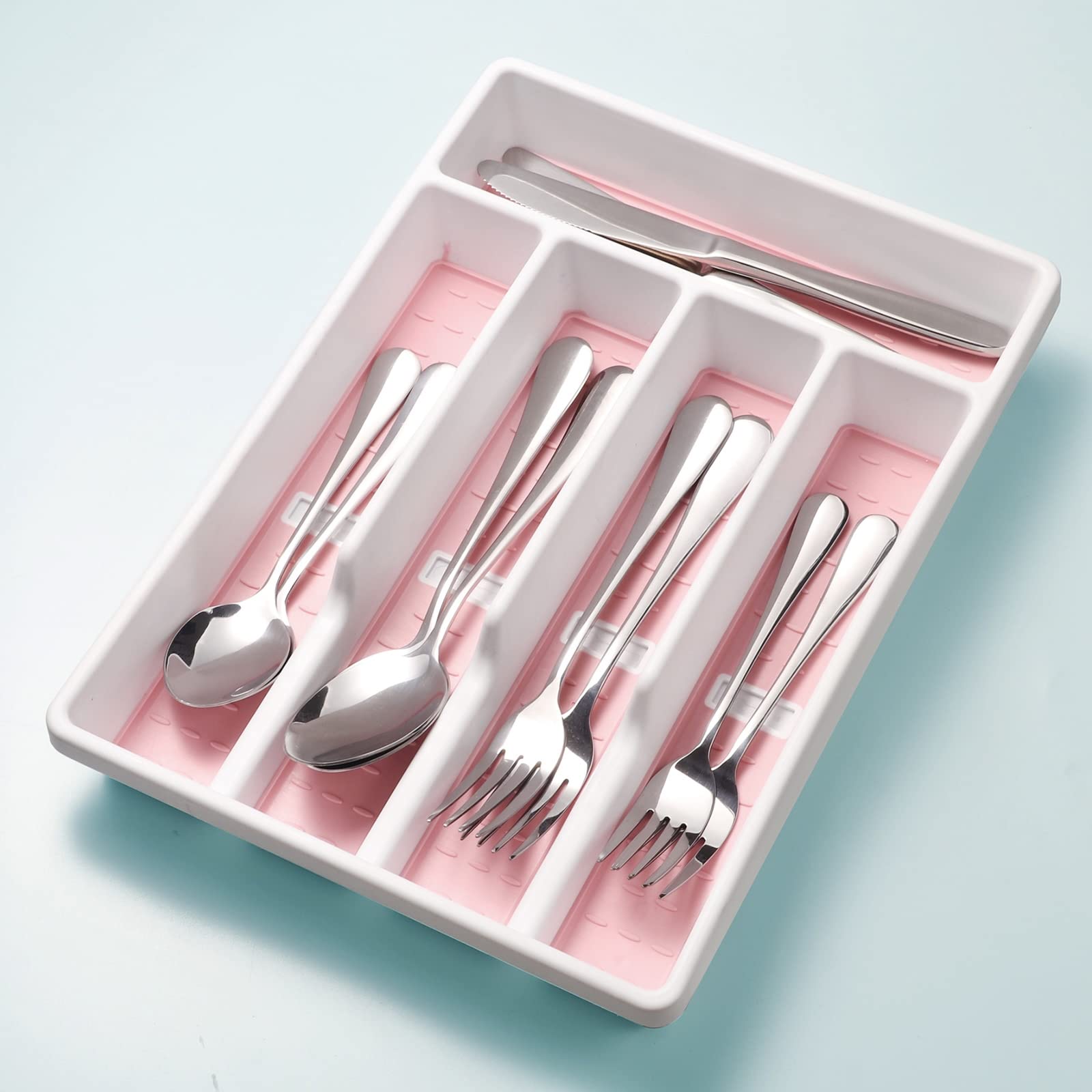 Joequality Silverware Organizer with Icons,Plastic Cutlery silverware Tray for Drawer,Utensil Flatware Tableware Organizer for Kitchen with Non-slip TPR,Fits Standard Drawer,5-Compartment,Pink