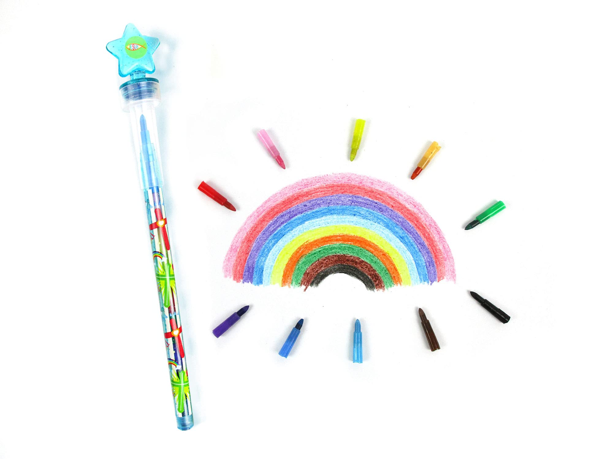 TINYMILLS 24 Pcs Religious Christian 2 in 1 Stackable Stacking Crayon with Extra Stamper Topper, Sunday School Classroom Rewards, Prizes, Christian Toys Sunday School Rewards